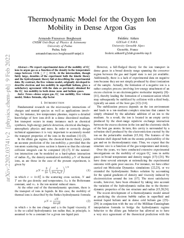 (PDF) Thermodynamic Model for the Oxygen Ion Mobility in Dense Argon Gas