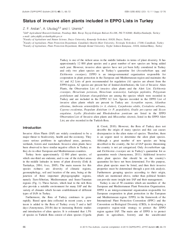 (PDF) Status of invasive alien plants included in EPPO Lists in Turkey