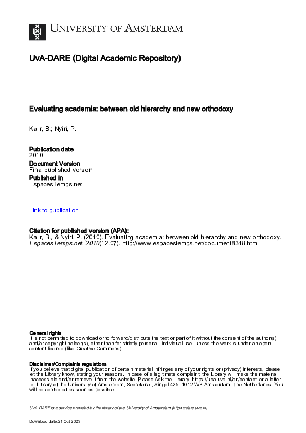 (PDF) Evaluating academia: between old hierarchy and new orthodoxy