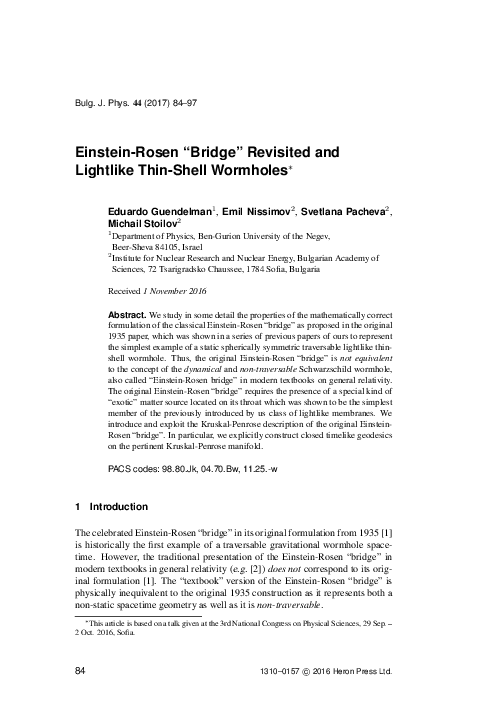 (PDF) Einstein-Rosen "Bridge" Revisited and Lightlike Thin-Shell Wormholes