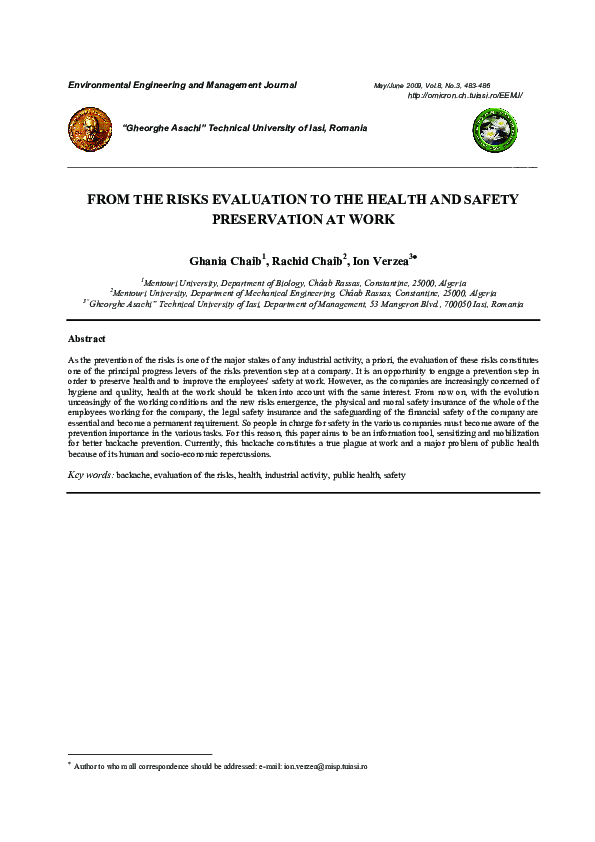 (PDF) From the Risks Evaluation to the Health and Safety Preservation ...