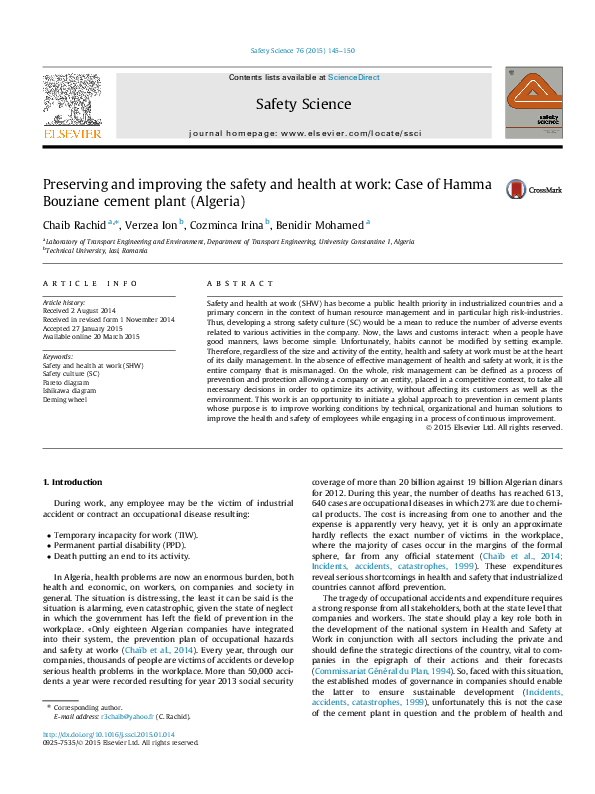 (PDF) Preserving and improving the safety and health at work: Case of ...