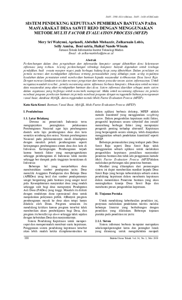 (PDF) Sistem Pendukung Keputusan Pemberian Bantuan Pada Masyarakat Desa Sawit Rejo Dengan ...