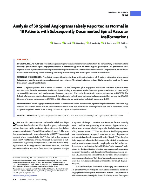 (PDF) Analysis of 30 Spinal Angiograms Falsely Reported as Normal in 18 ...