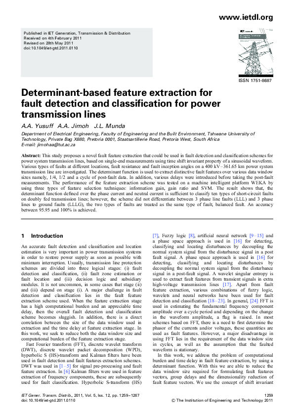 (PDF) Determinant-based feature extraction for fault detection and ...