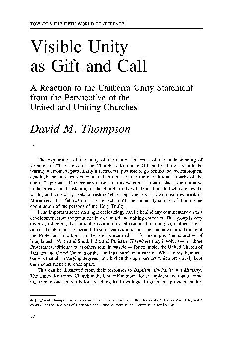 (PDF) Visible Unity as Gift and Call: A Reaction to the Canberra Unity ...