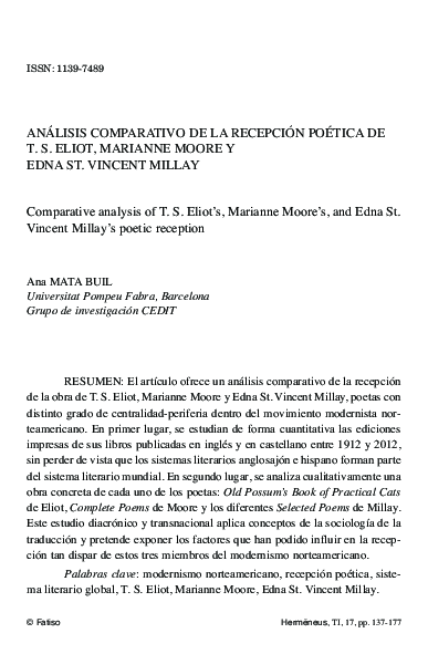 (PDF) Análisis comparativo de la recepción poética de T. S. Eliot ...