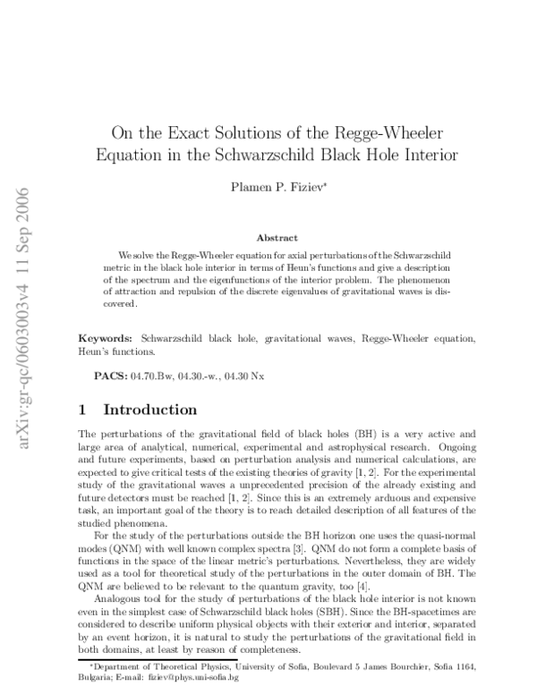 (PDF) On the Exact Solutions of the Regge-Wheeler Equation in the ...