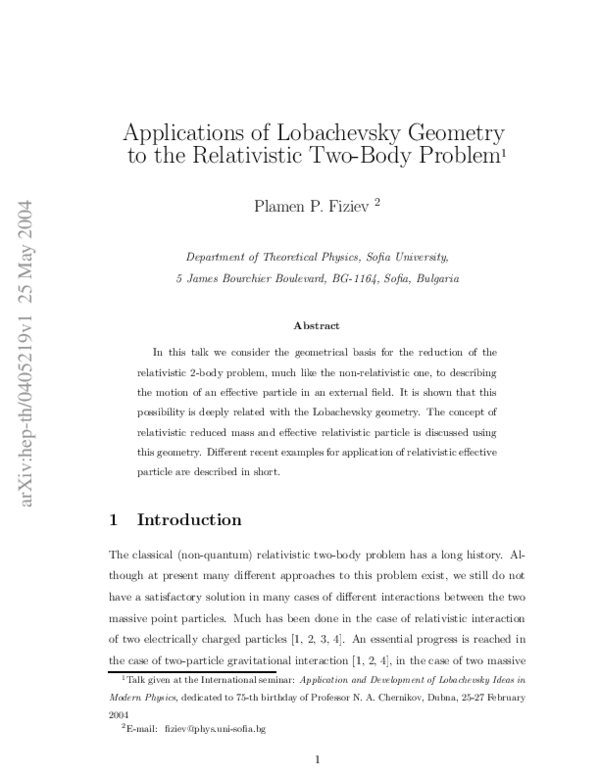 (PDF) Applications of Lobachevsky Geometry to the Relativistic Two-Body ...