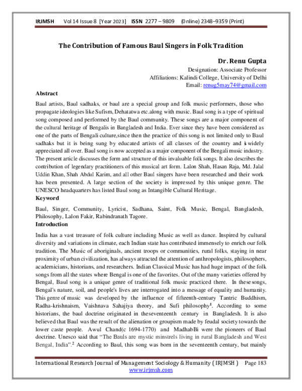 (PDF) The Contribution of Famous Baul Singers in Folk Tradition
