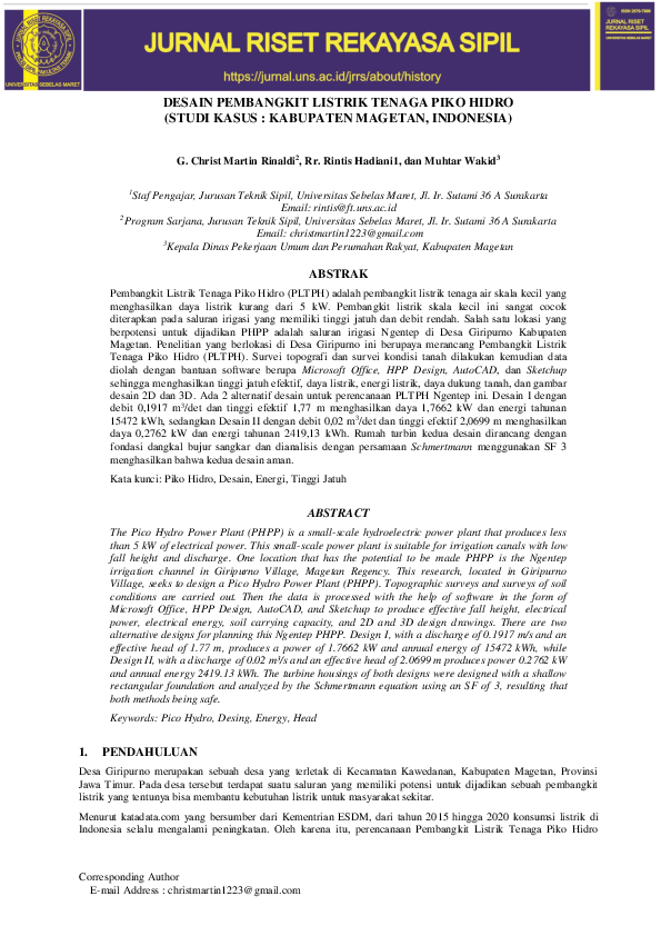 (PDF) Desain Pembangkit Listrik Tenaga Piko Hidro (Studi Kasus : Kabupaten Magetan, Indonesia)
