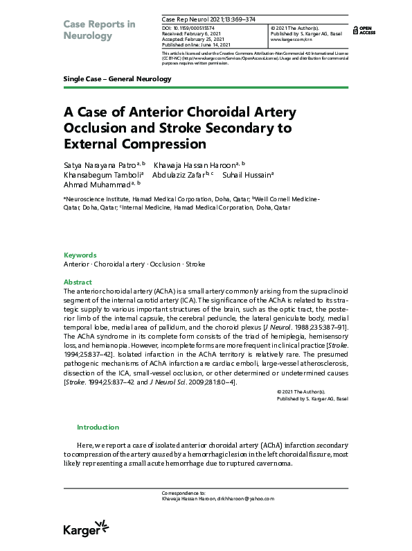 (PDF) A Case of Anterior Choroidal Artery Occlusion and Stroke ...