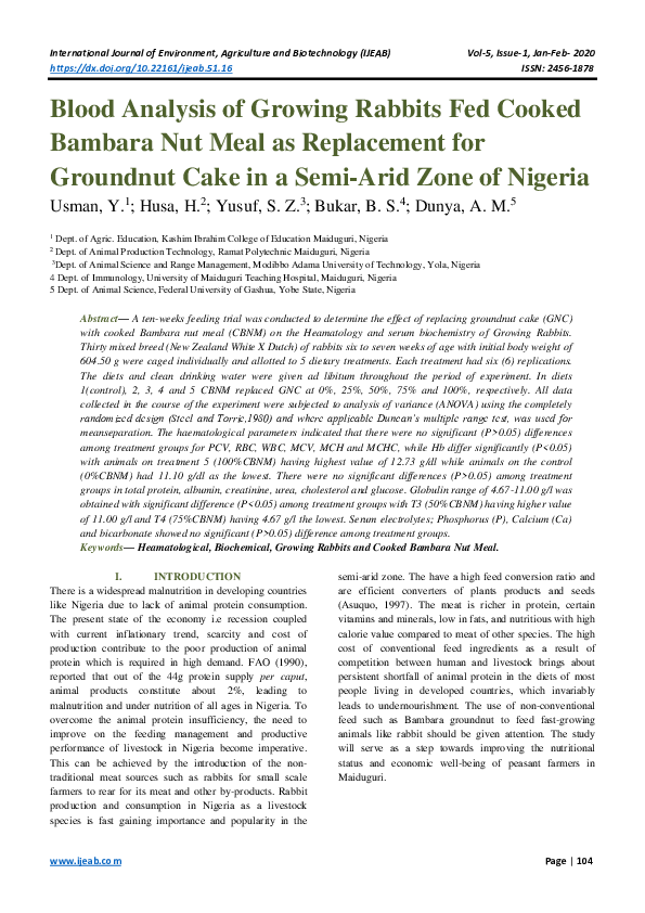 (PDF) Blood Analysis of Growing Rabbits Fed Cooked Bambara Nut Meal as ...