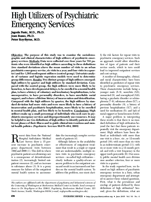 (PDF) High Utilizers of Psychiatric Emergency Services