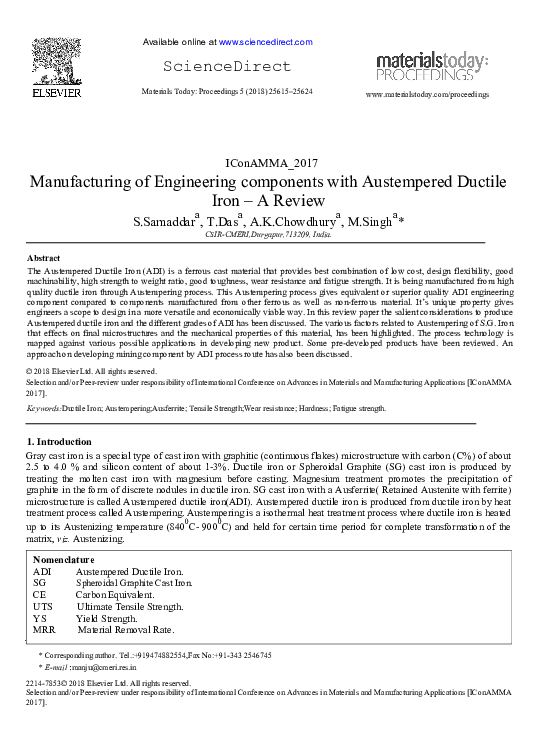 (PDF) Manufacturing of Engineering components with Austempered Ductile Iron – A Review