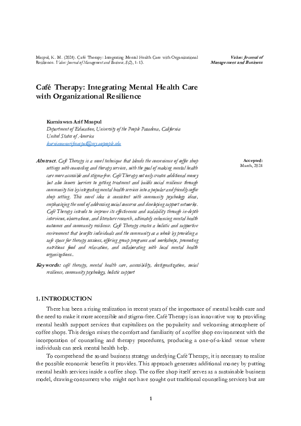 (PDF) Café Therapy: Integrating Mental Health Care with Organizational ...