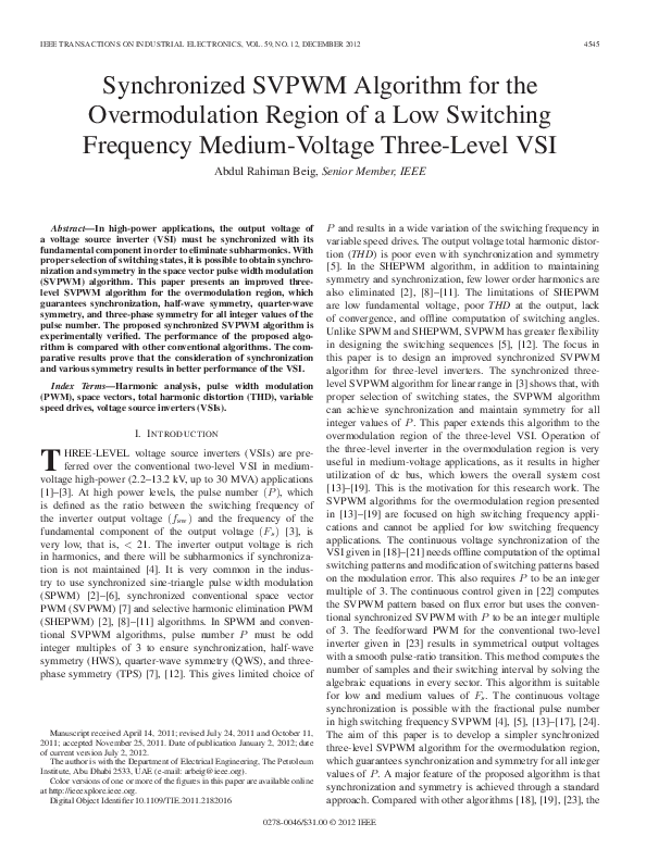 Pdf Synchronized Svpwm Algorithm For The Overmodulation Region Of A Low Switching Frequency