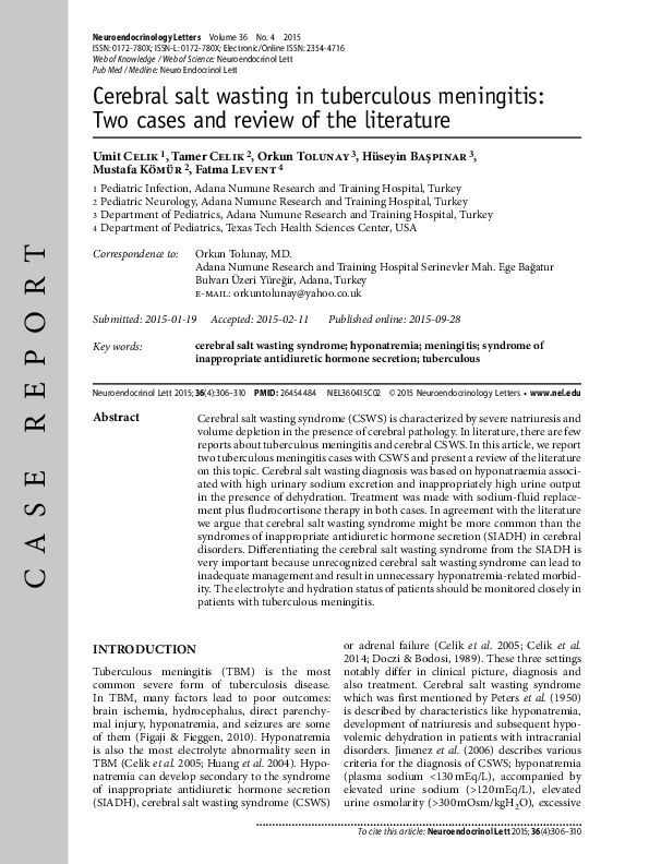 (PDF) Cerebral salt wasting in tuberculous meningitis: Two cases and review of the literature ...