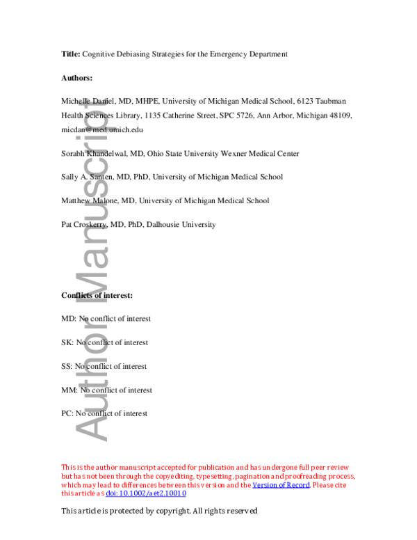 (PDF) Cognitive Debiasing Strategies for the Emergency Department