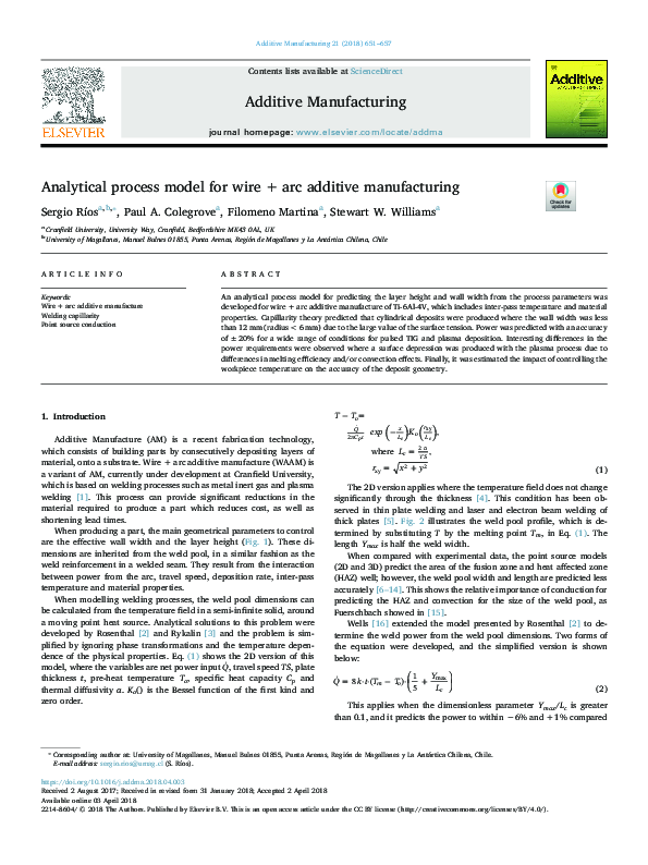 Pdf Analytical Process Model For Wire Arc Additive Manufacturing