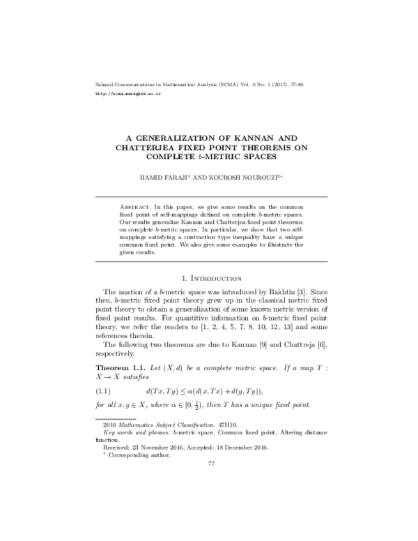 (PDF) A generalization of Kannan and Chatterjea fixed point theorems on complete $b$-metric spaces