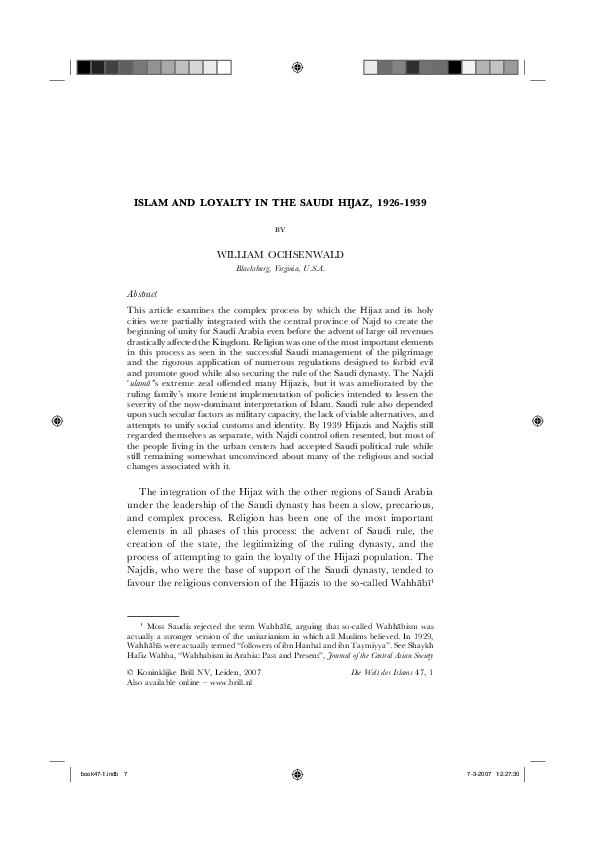 (PDF) Islam and Loyalty in the Saudi Hijaz, 1926-1939