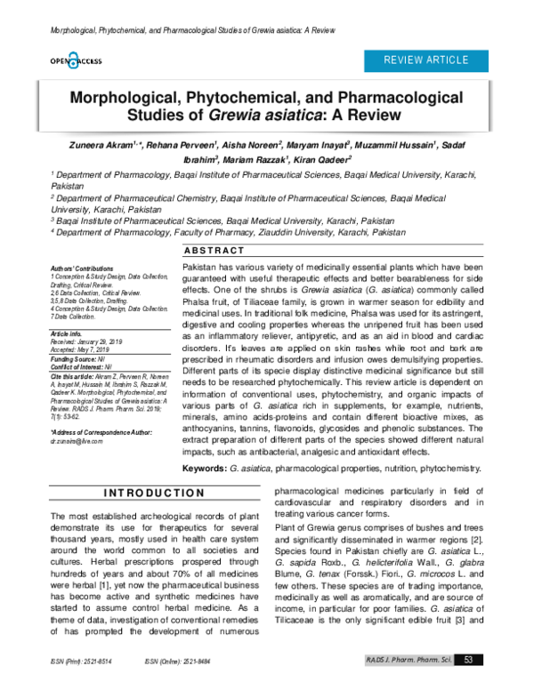 (PDF) Morphological, Phytochemical, and Pharmacological Studies of Grewia asiatica: A Review