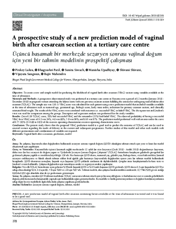 (PDF) A prospective study of a new prediction model of vaginal birth after cesarean section at a ...