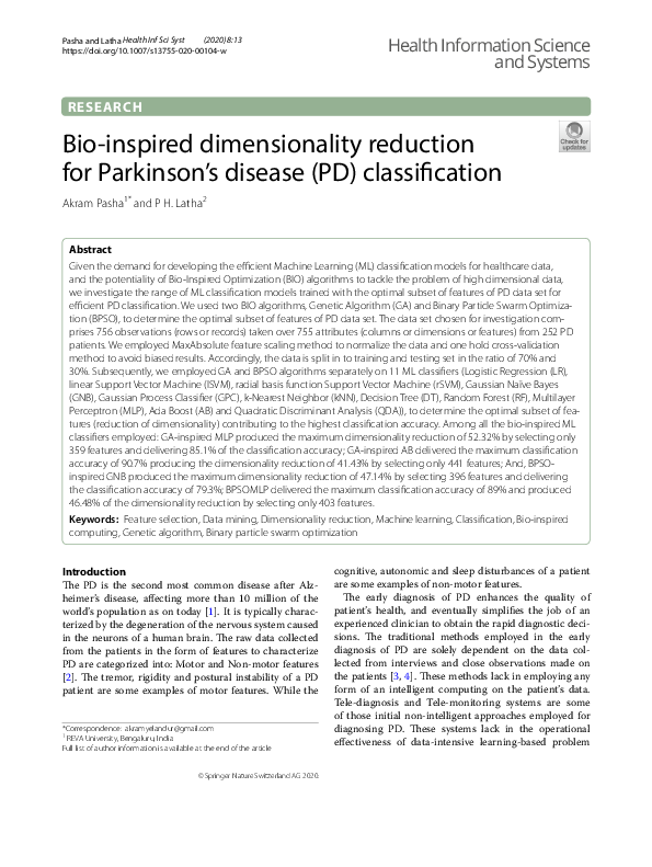 (PDF) Bio-inspired dimensionality reduction for Parkinson’s disease (PD) classification