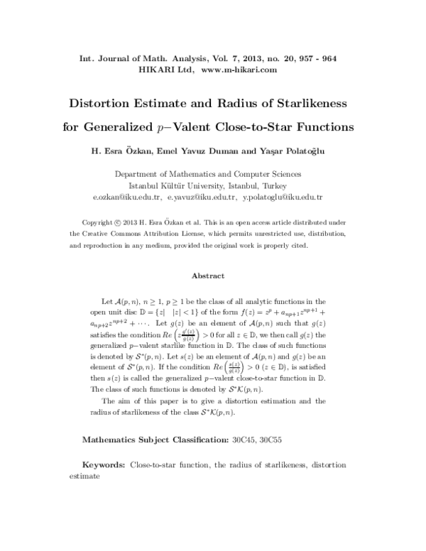 Pdf Distortion Estimate And Radius Of Starlikeness For Generalized P−valent Close To Star