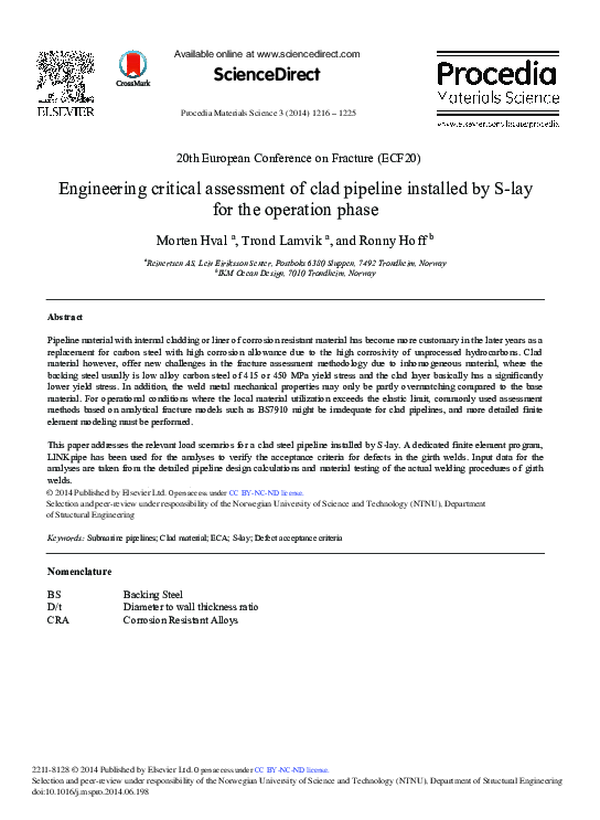 Engineering Critical Assessment of Clad Pipeline Installed by S-lay for ...