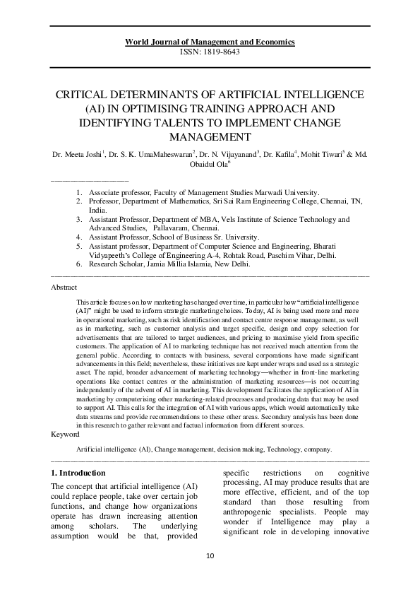(PDF) Critical Determinants of Artificial Intelligence (Ai) in Optimising Training Approach and ...