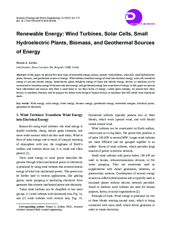 (PDF) Renewable Energy: Wind Turbines, Solar Cells, Small Hydroelectric ...