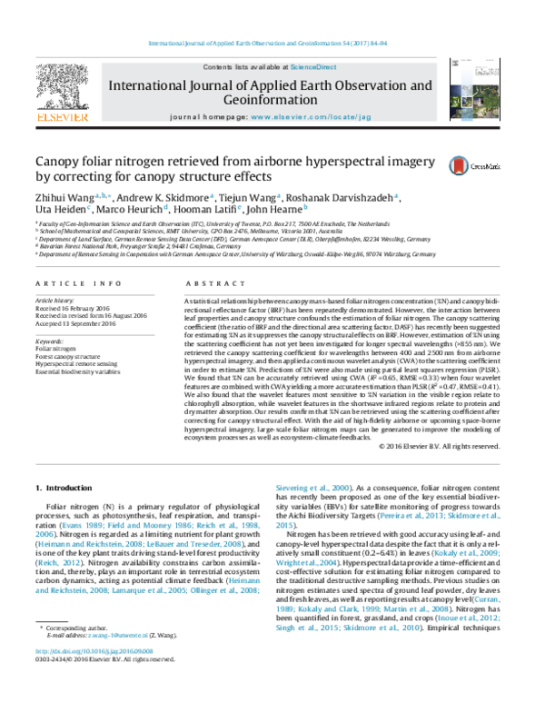 (PDF) Canopy foliar nitrogen retrieved from airborne hyperspectral imagery by correcting for ...