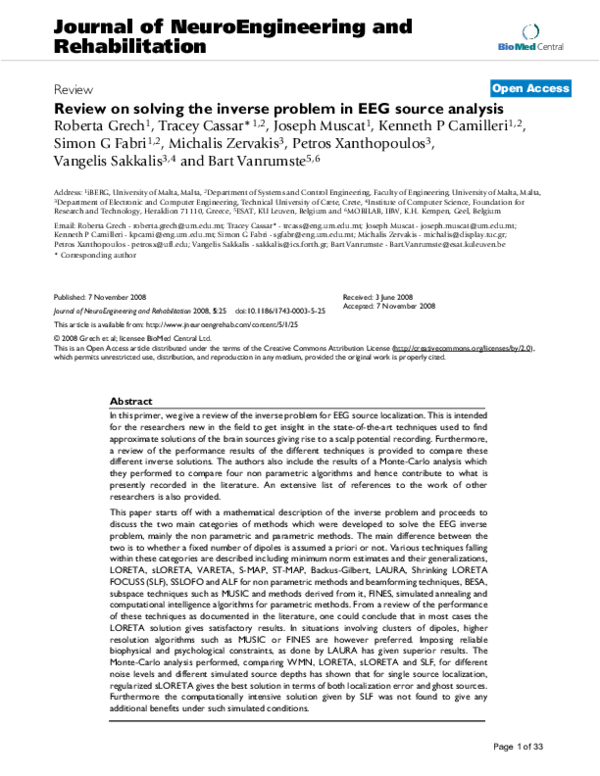 (PDF) Review on solving the inverse problem in EEG source analysis