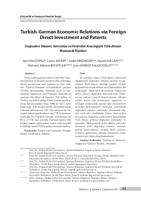(PDF) Turkish-German Economic Relations via Foreign Direct Investment ...