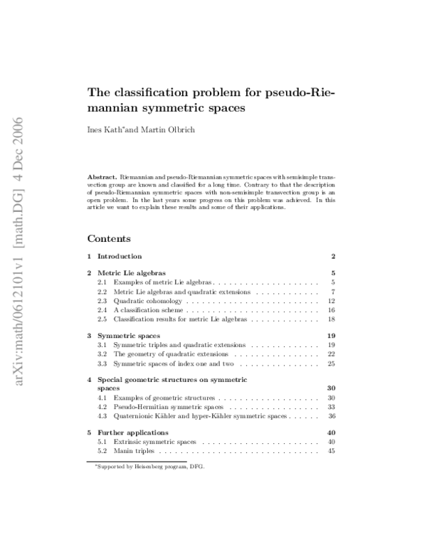 (PDF) The classification problem for pseudo-Riemannian symmetric spaces