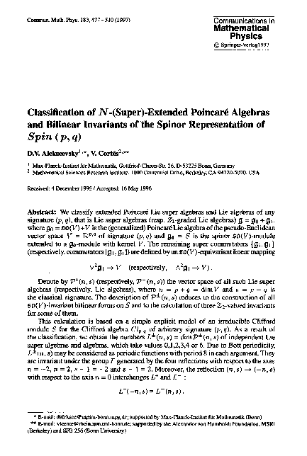 (PDF) Classification of N -(Super)-Extended Poincaré Algebras and ...