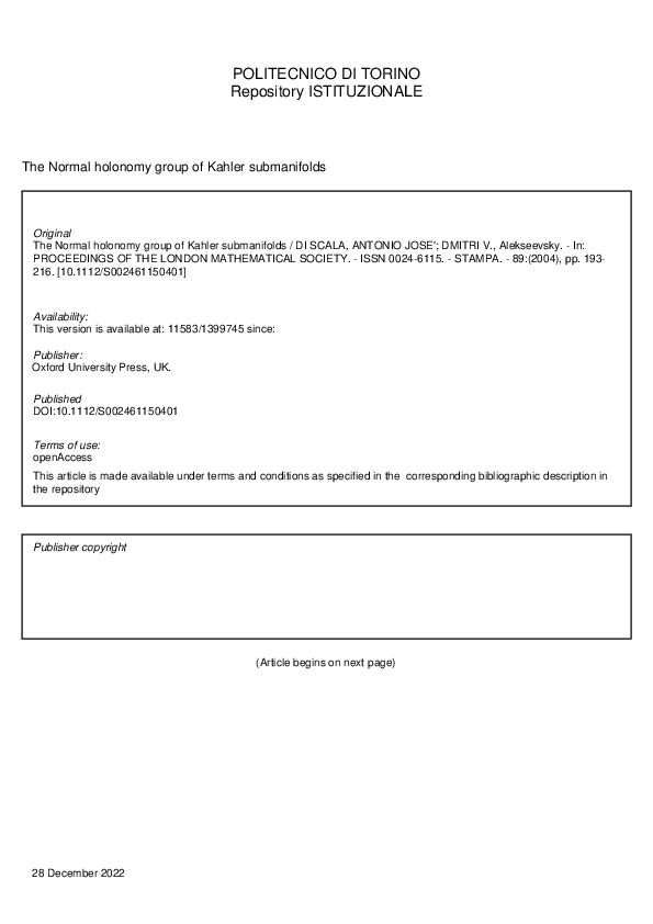 (PDF) The normal holonomy group of Khler submanifolds