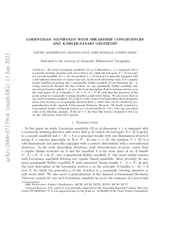 (PDF) Lorentzian manifolds with shearfree congruences and Kähler-Sasaki ...