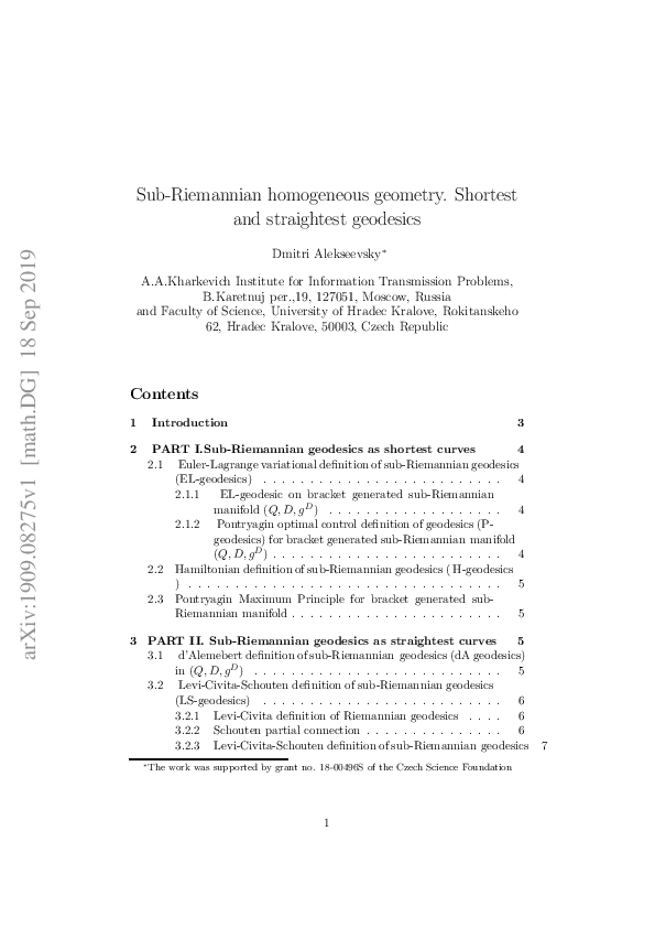 (PDF) Sub-Riemannian homogeneous geometry. Shortest and straightest ...