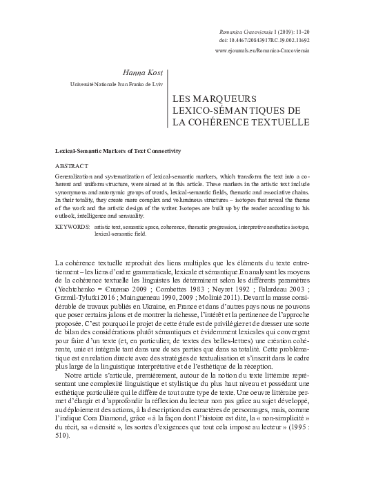 (PDF) Les marqueurs lexico-sémantiques de la cohérence textuelle