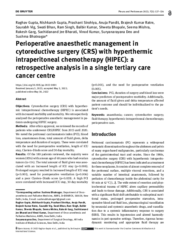 (PDF) Perioperative anaesthetic management in cytoreductive surgery ...