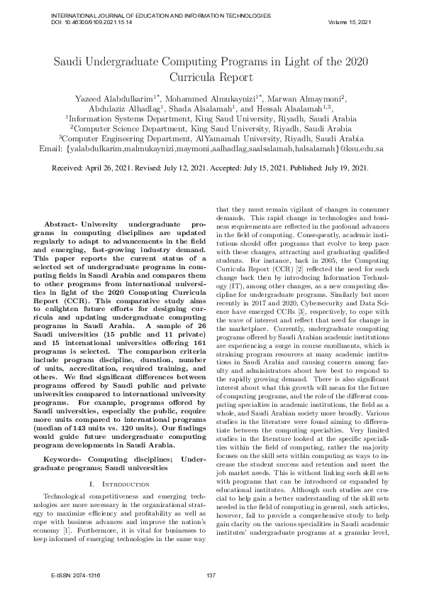 (PDF) Saudi Undergraduate Computing Programs in Light of the 2020 Curricula Report