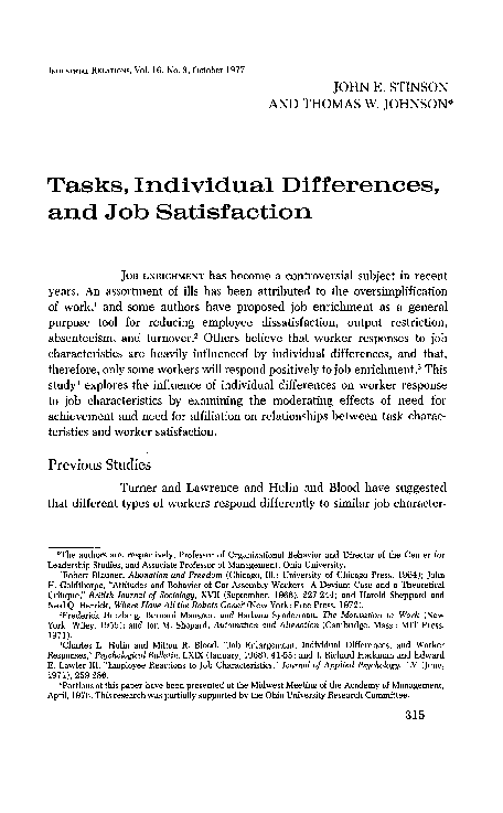 (PDF) Tasks, Individual Differences, and Job Satisfaction