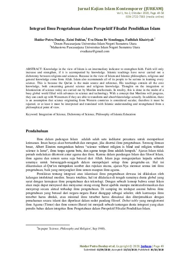 (PDF) Integrasi Ilmu Pengetahuan dalam Perspektif Filsafat Pendidikan Islam