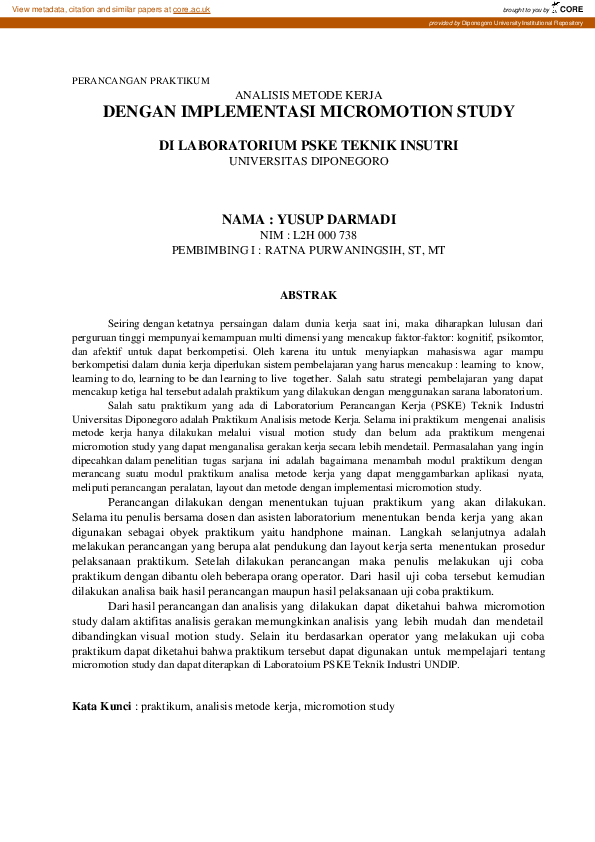 (PDF) Perancangan Praktikum Analisis Metode Kerja Dengan Implementasi Micromotion Study