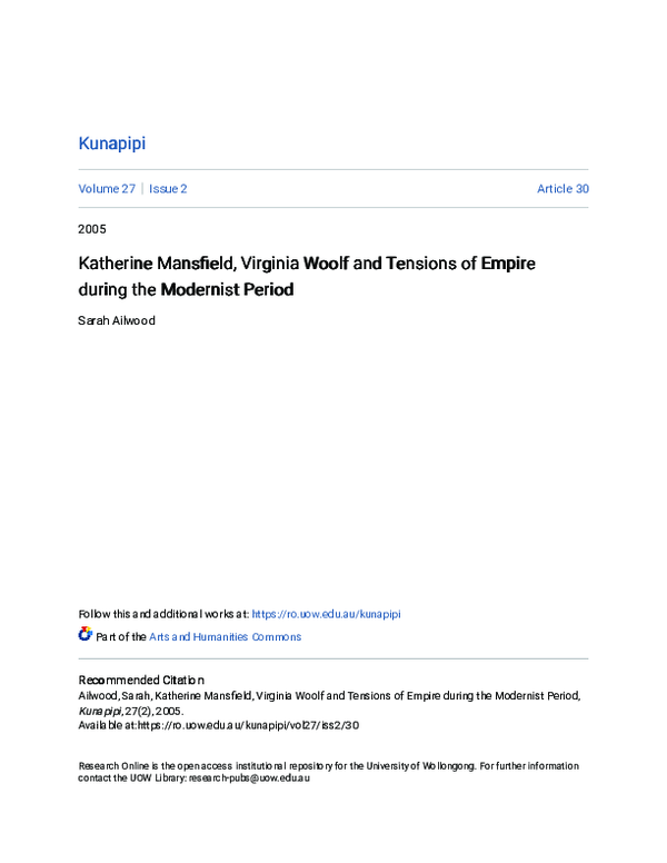 (PDF) Katherine Mansfield, Virginia Woolf and Tensions of Empire during ...