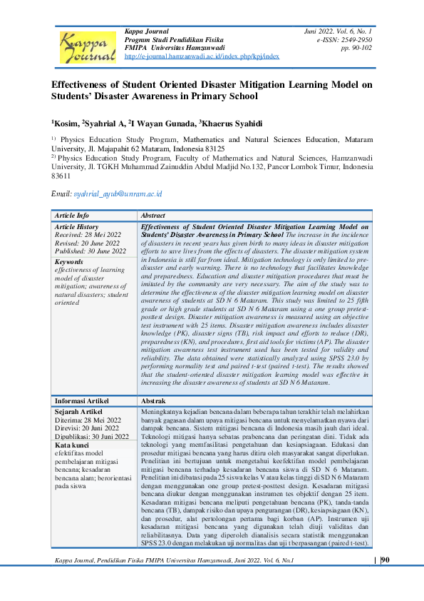 (PDF) Effectiveness of Student Oriented Disaster Mitigation Learning ...