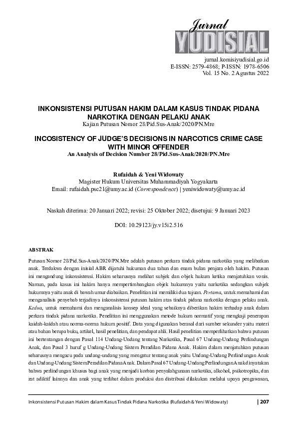 (PDF) Inkonsistensi Putusan Hakim Dalam Kasus Tindak Pidana Narkotika Dengan Pelaku Anak